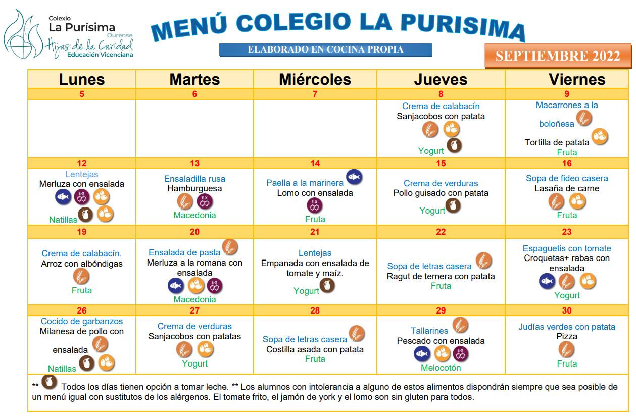Menú de comedor de Septiembre de 2022 – Colegio La Purisima – Ourense