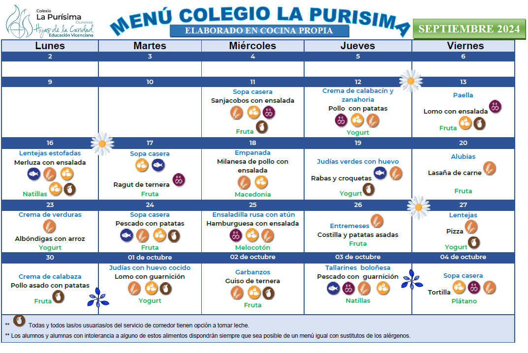 Menú de comedor de septiembre – Colegio La Purisima – Ourense